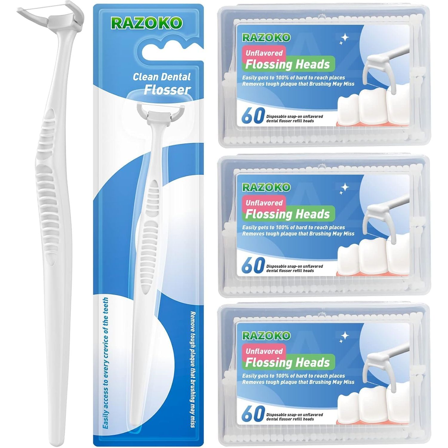 RAZOKO Dental Floss Picks, Clean Dental Flossers Kit (2 Handles & 180 ...